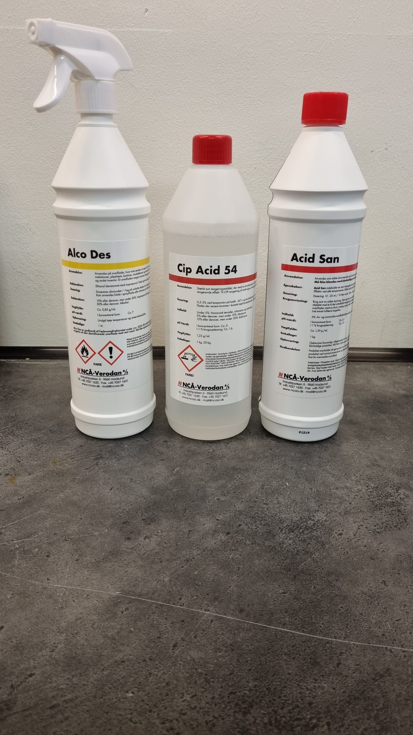 3 stk sammenpakning af Acid San, Cip 54 og Alco Des